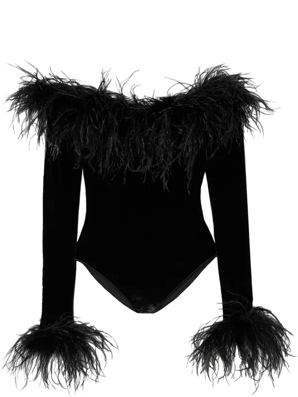 Oseree Plumage Feather-trimmed Velvet Bodysuit - Black
