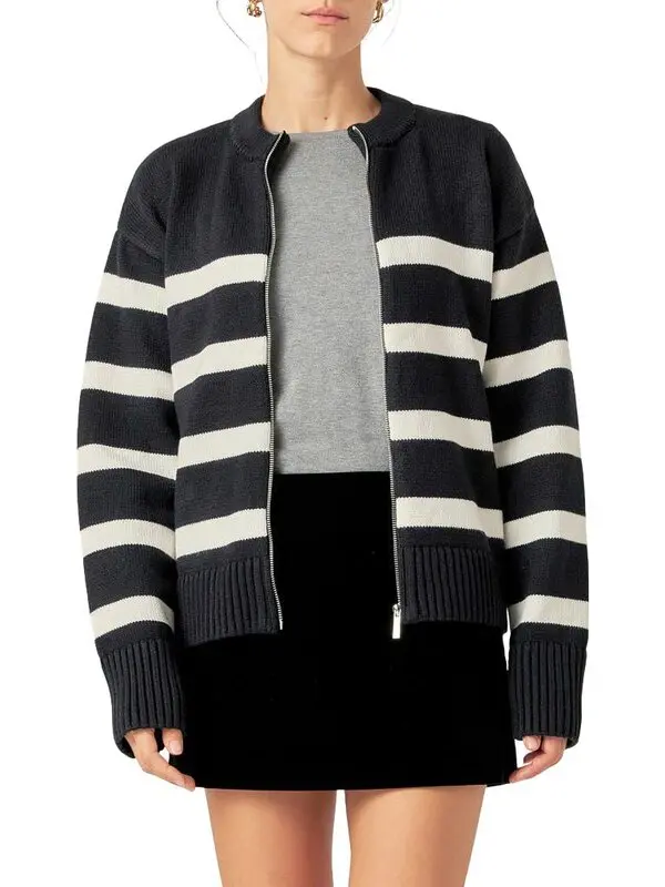 English Factory Stripe Zip-up Cardigan - Black/ Ivory