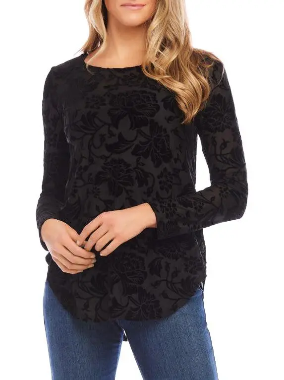 Karen Kane Floral Velvet Burnout Shirttail Top - Blk