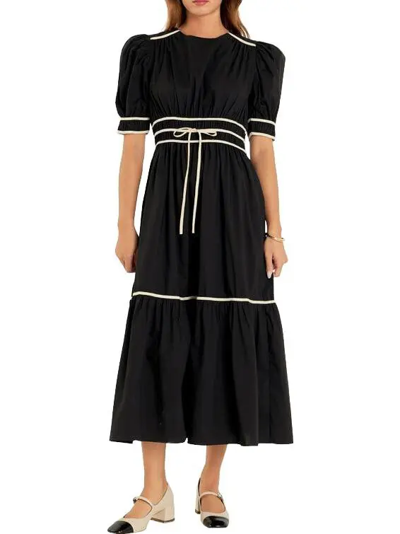 English Factory Bow Puff Sleeve Midi Dress - Black