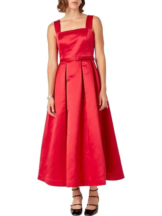 English Factory Pleated Belted Midi Dress - Red