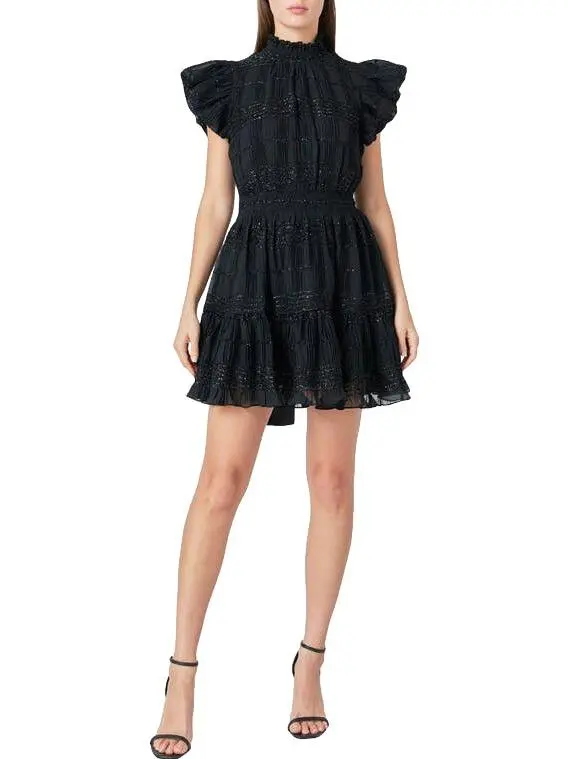Endless Rose Metallic Ruffle Smocked Chiffon Mini Dress - Black