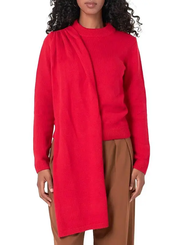 Endless Rose Scarf Detail Crewneck Sweater - Red