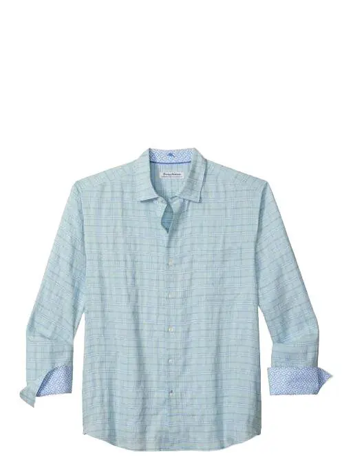 Tommy Bahama Barbados Breeze Playa Plaid Stretch Linen Blend Button-up Shirt - Aquifer