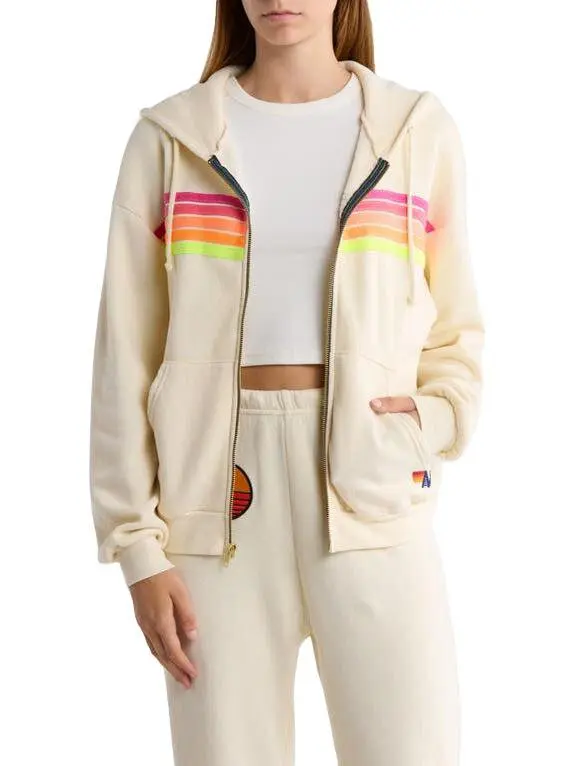 Aviator Nation 5-stripe Zip Hoodie - Vintage White/ Neon