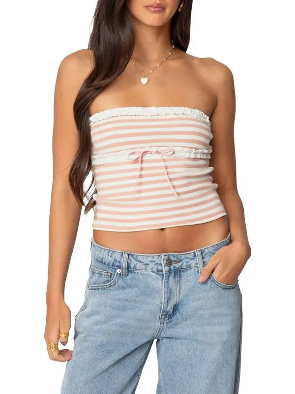 EDIKTED Stripe Ruffle Trim Tube Top - Pink