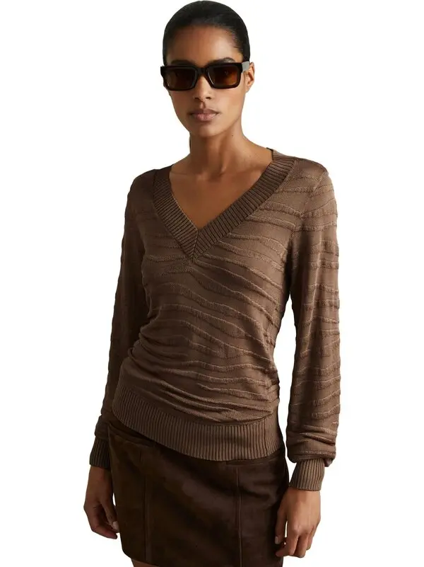 REISS Zana Striped V-neck Jumper - Mink
