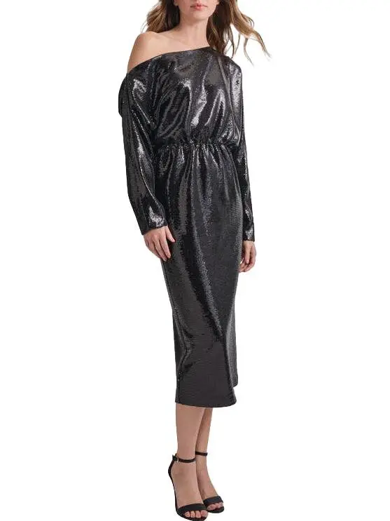 Misook Sequin One-shoulder Long Sleeve Dress - Black