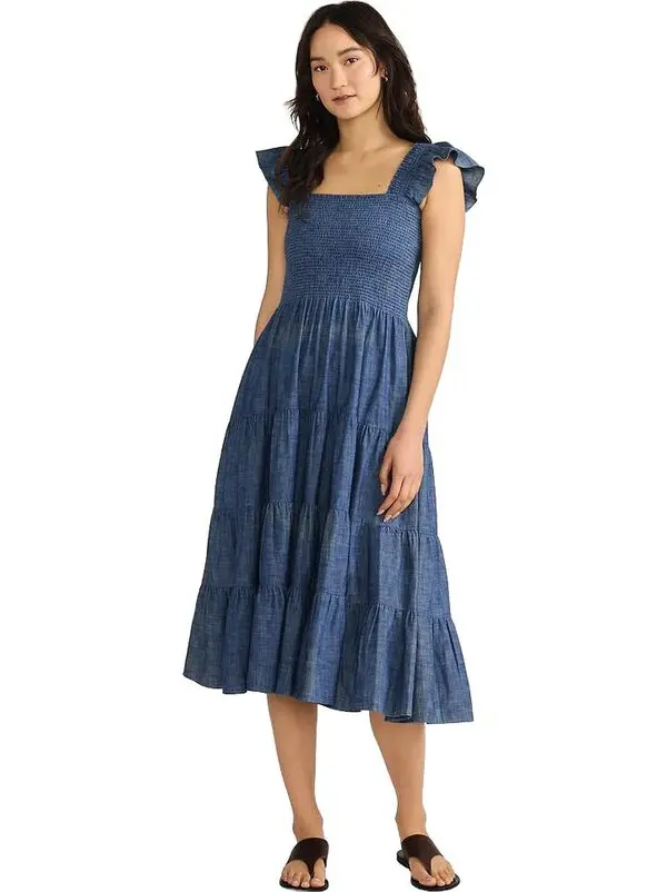 LANDS' END Chambray Smocked Midi Dress - Medium Indigo Chambray