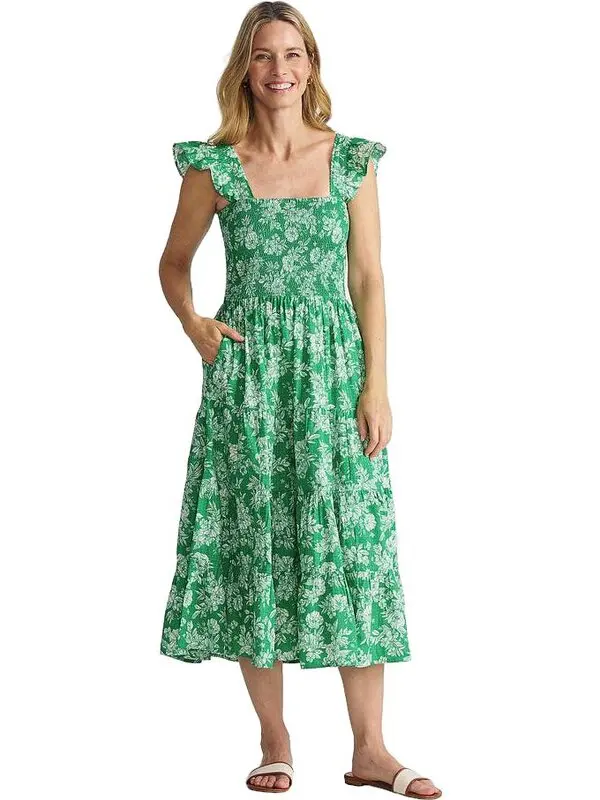 LANDS' END Chambray Smocked Midi Dress - Vibrant Clover Romantic Floral