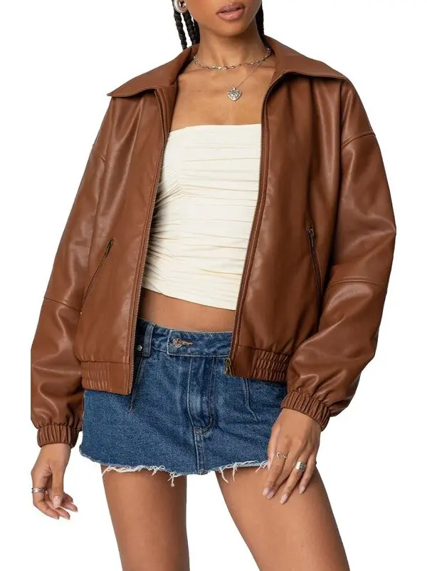 EDIKTED Halley Faux Leather Bomber Jacket - Brown