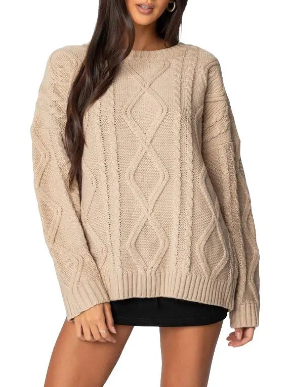 EDIKTED Kennedy Oversize Cable Stitch Sweater Tunic - Beige