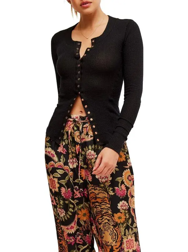 Free People Pointelle Stitch Snap-front Top - Black