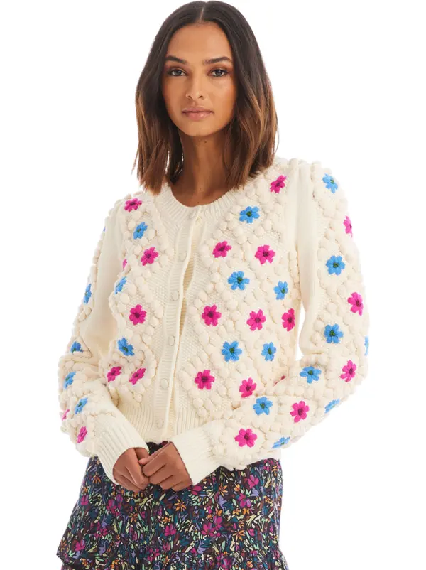 Allison Embroidered Pom Cardigan - Neutral