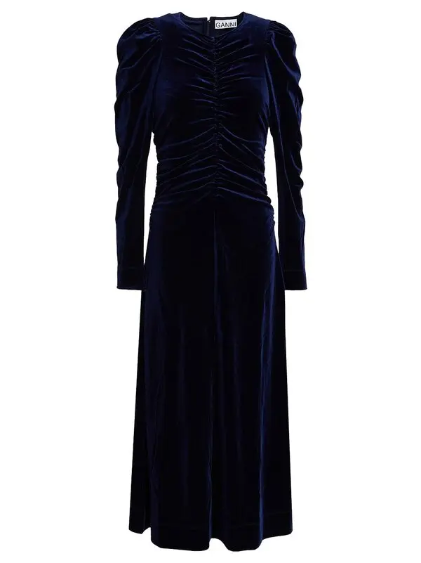 GANNI Ruched Velvet Midi Dress - Navy