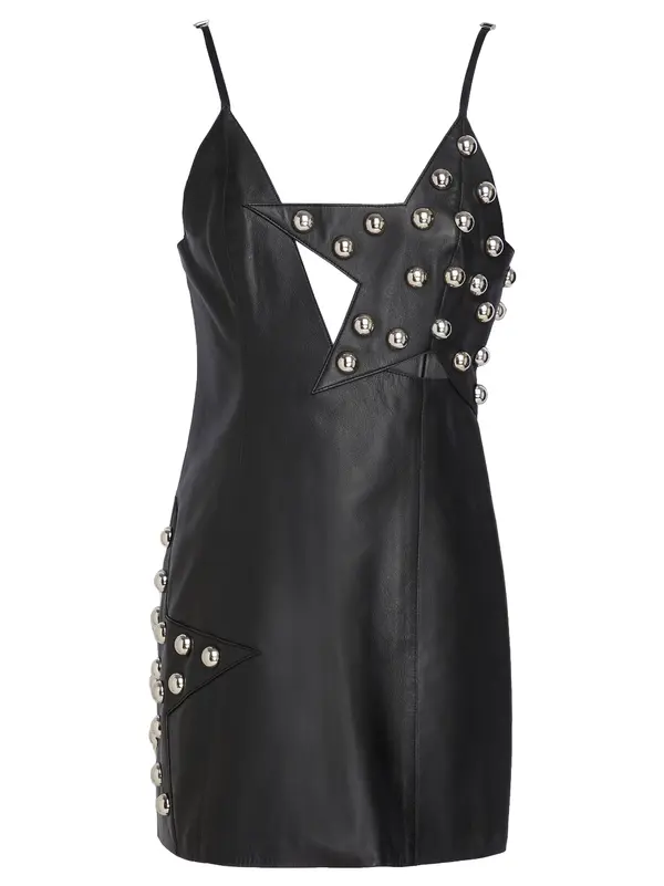 AREA Cutout Studded Leather Mini Dress - Black