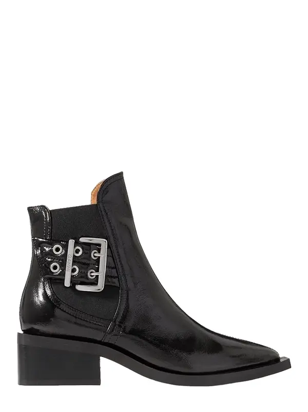 GANNI Buckled Glossed Chelsea Boots - Black