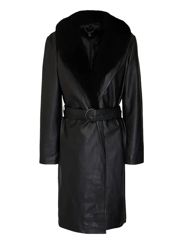 MUUBAA Belted Leather Coat With Shearling Trim - Black