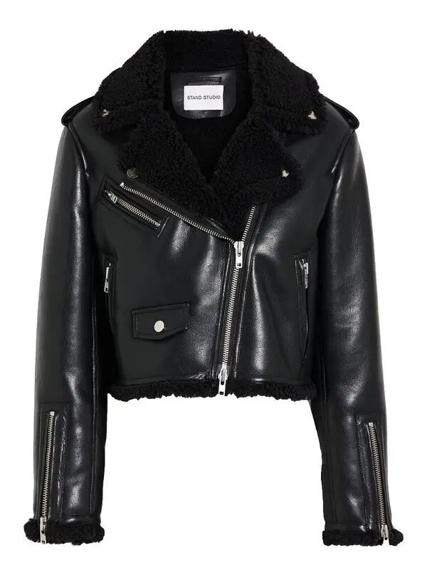 STAND STUDIO Lilia Cropped Teddy Fleece Biker Jacket - Black