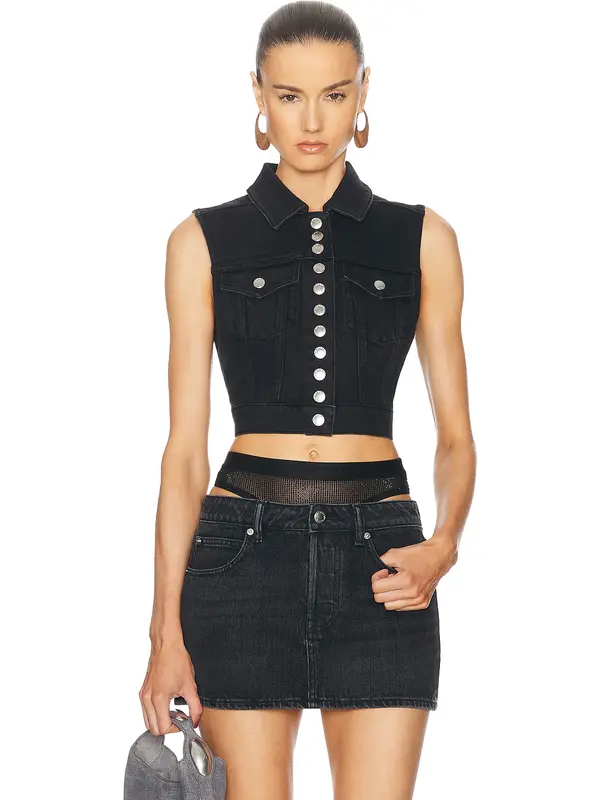 Alexander Wang Snap Front Trucker Vest Top - Washed Black