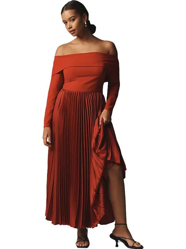 HUTCH Long-sleeve Off-the-shoulder Pleated Maxi Dress - Red