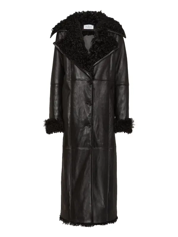 Philipp Plein Skull & Bones Shearling Coat - Black