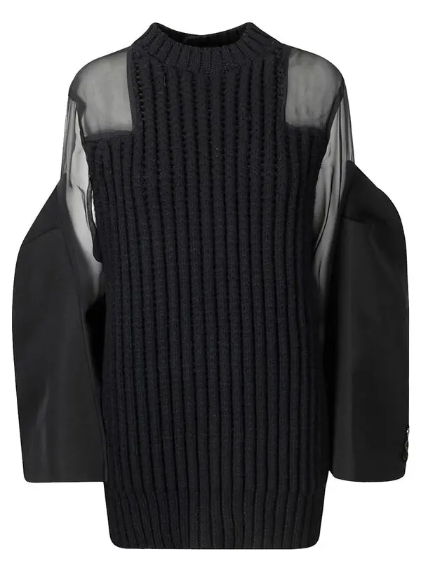 Sacai Ribbed Knit Chiffon Dress - Black