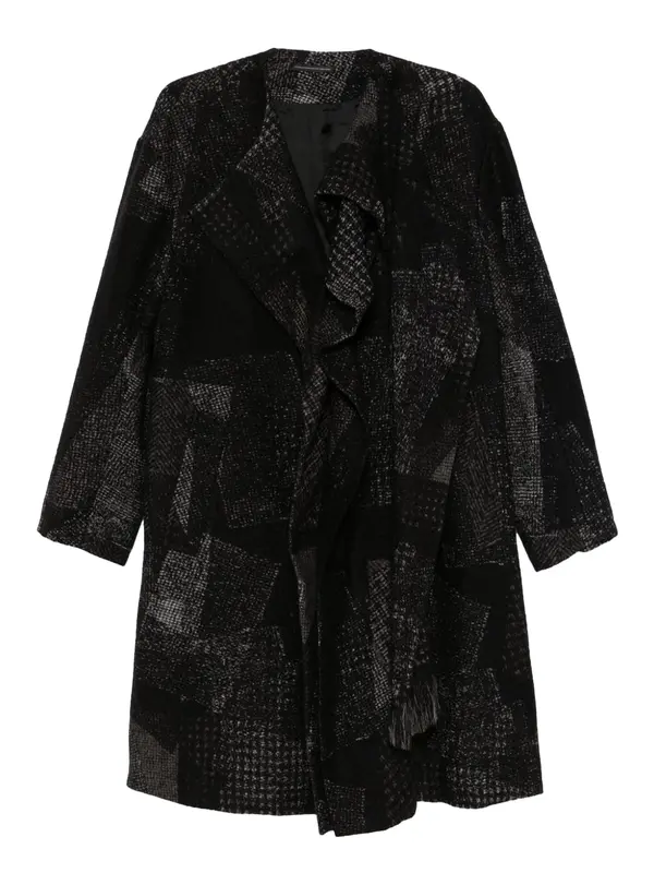 Y’s Patchwork Jacquard Mid-length Coat With Scarf - Black