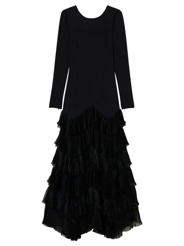 TWINSET Pleated Tulle Flounces Maxi Dress - Black