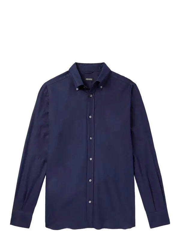 Zegna Button-down Collar Brushed Cotton-twill Shirt - Blue