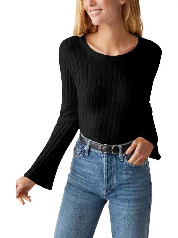 Michael Stars Valerie Rib Bell Sleeve Cotton Blend Knit Top - Black