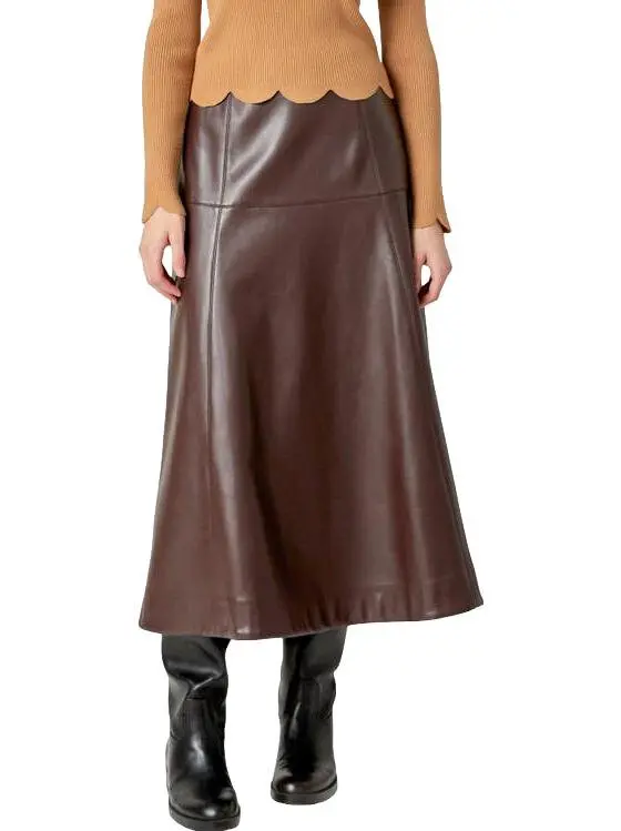 English Factory High-waist Faux Leather Midi Skirt - Dark Brown