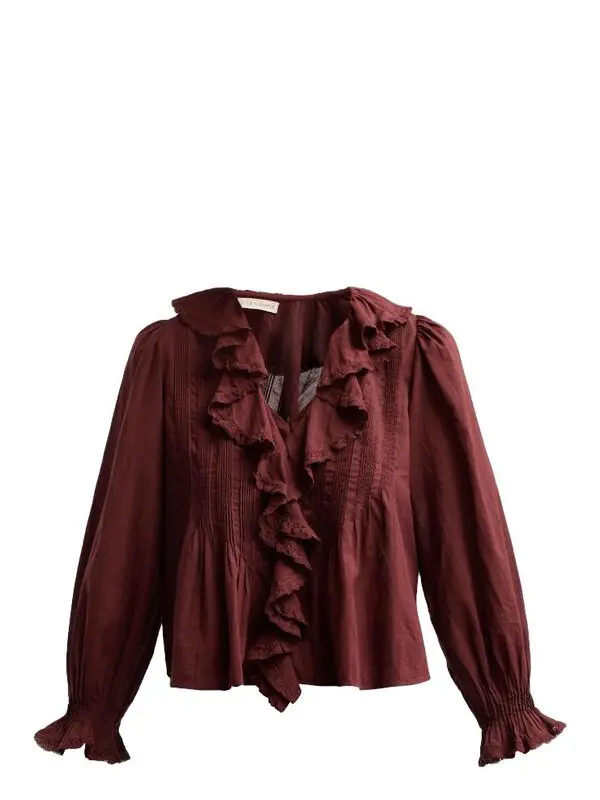 DÔEN Hardy Pintuck Cotton Ruffle V-neck Blouse - Dahlia