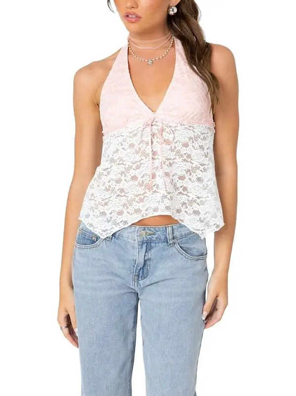 EDIKTED Esme Sheer Lace Halter Top - White
