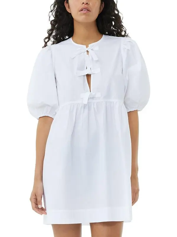 GANNI Cotton Poplin Mini Dress With Tie String - Bright White