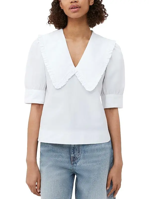 GANNI Cotton Poplin V-neck Ruffle Blouse - Bright White
