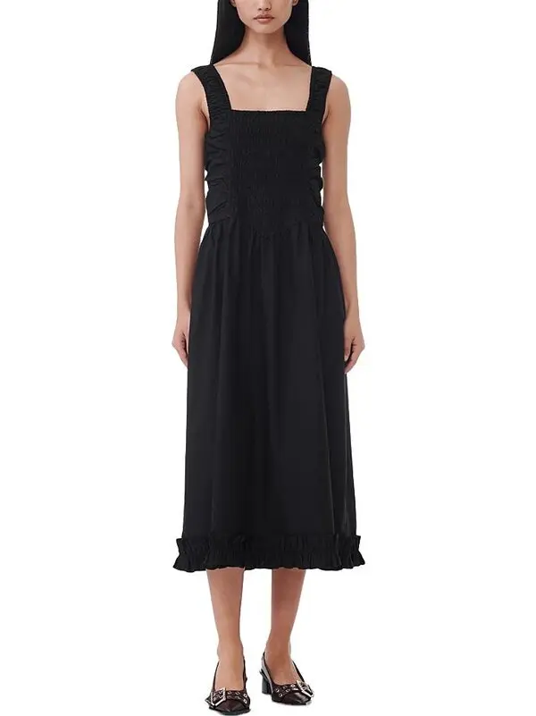 GANNI Cotton Poplin Midi Strap Smock Dress - Black