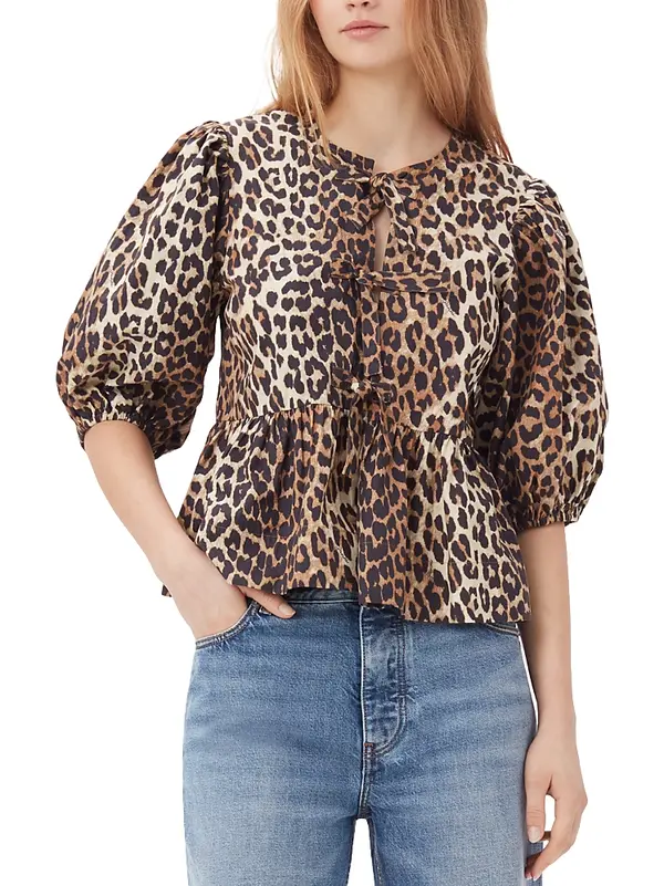 GANNI Tie Front Cotton Peplum Blouse - Leopard