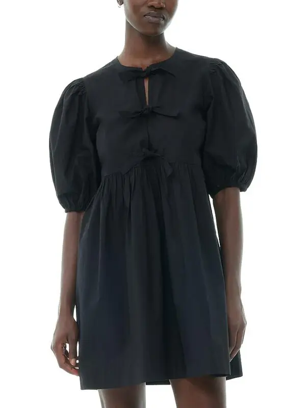 GANNI Cotton Poplin Mini Dress With Tie String - Black