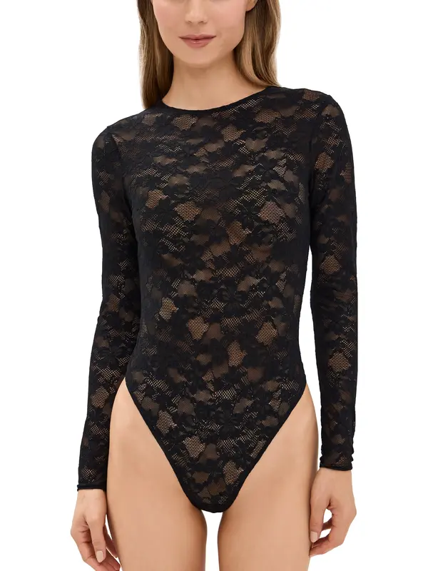 Fleur Du Mal Le Stretch Long Sleeve Thong Bodysuit - Black
