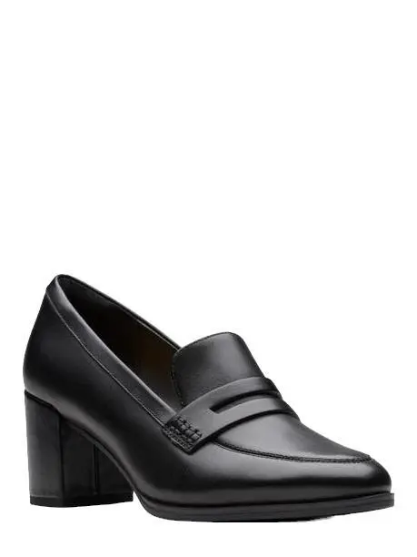 Clarks Freva 55 Edge Penny Loafer Pump - Black Leather