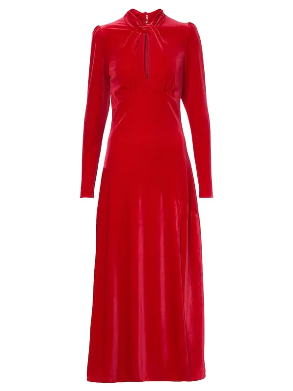 GANNI Velvet Jersey Midi Dress - Red