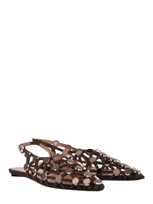 Attico Grid Embellished Suede Slingback Flats - Brown