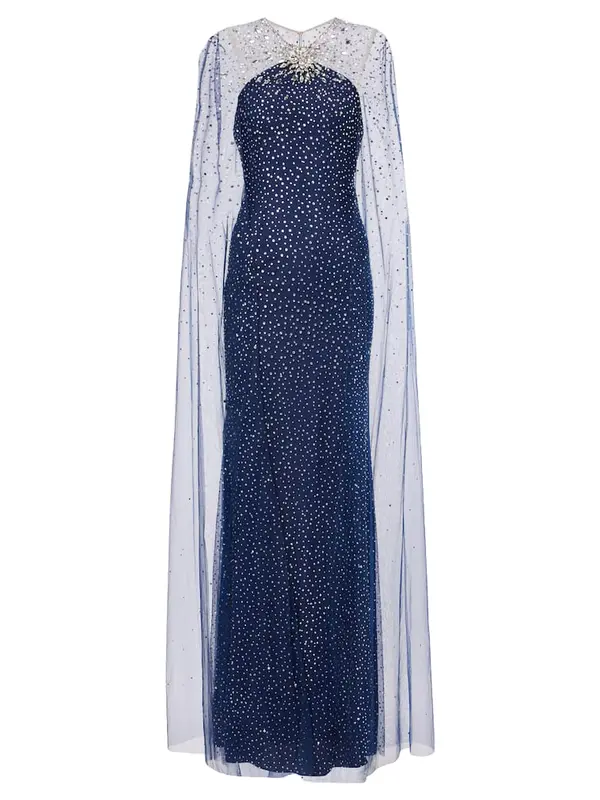Jenny Packham Embellished Caped Gown - Blue