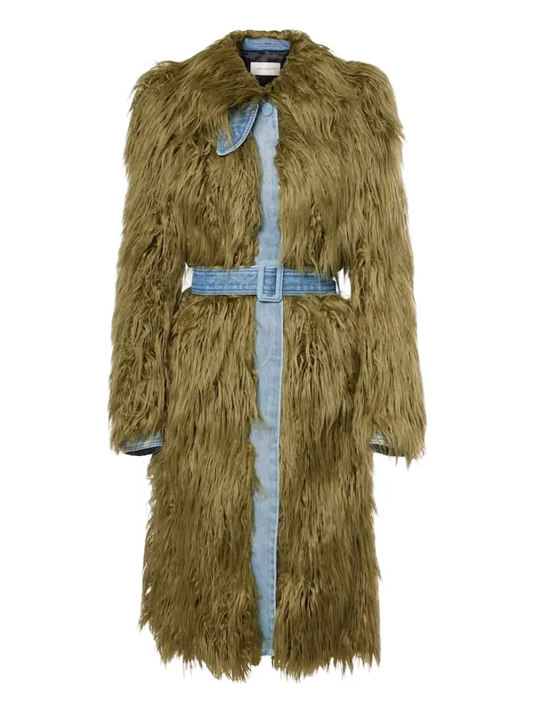 Dries Van Noten Faux Fur-trimmed Denim Coat - Green