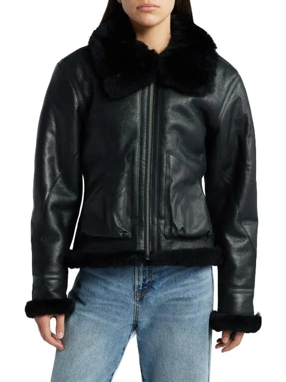 SCHOTT B-3 Genuine Shearling-lined Leather Bomber Jacket - Ebony