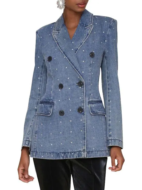 Avec Les Filles Double-breasted Denim Blazer - Med Blue With Rhinestones