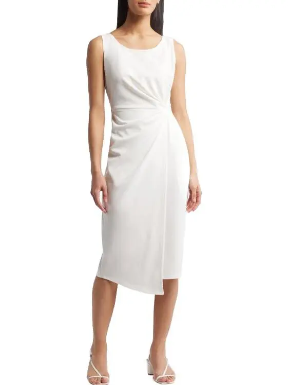 CONNECTED APPAREL Side Knot Sleeveless Sheath Midi Dress - Ivory