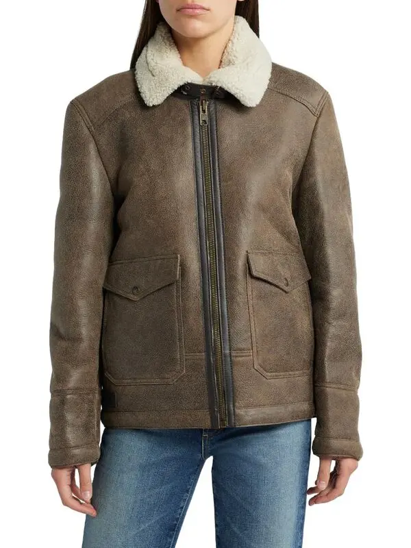 SCHOTT Genuine Shearling Lined Bomber Jacket - Brown