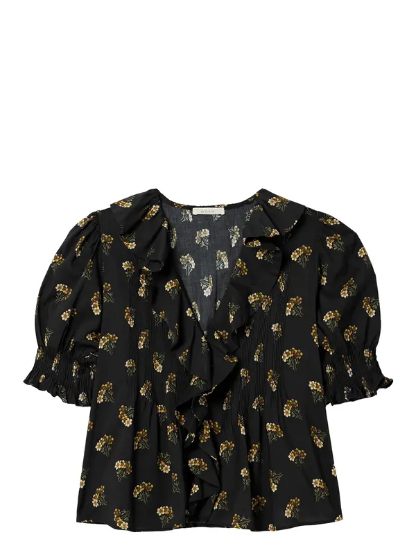 DÔEN Henri Ruffled Pintucked Floral-print Top - Black